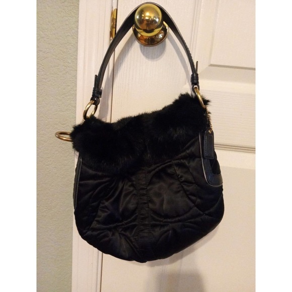 Coach | Bags | Soft Black Coach Rabbit Fur Trim Hobo Bag Satin Fabric ...